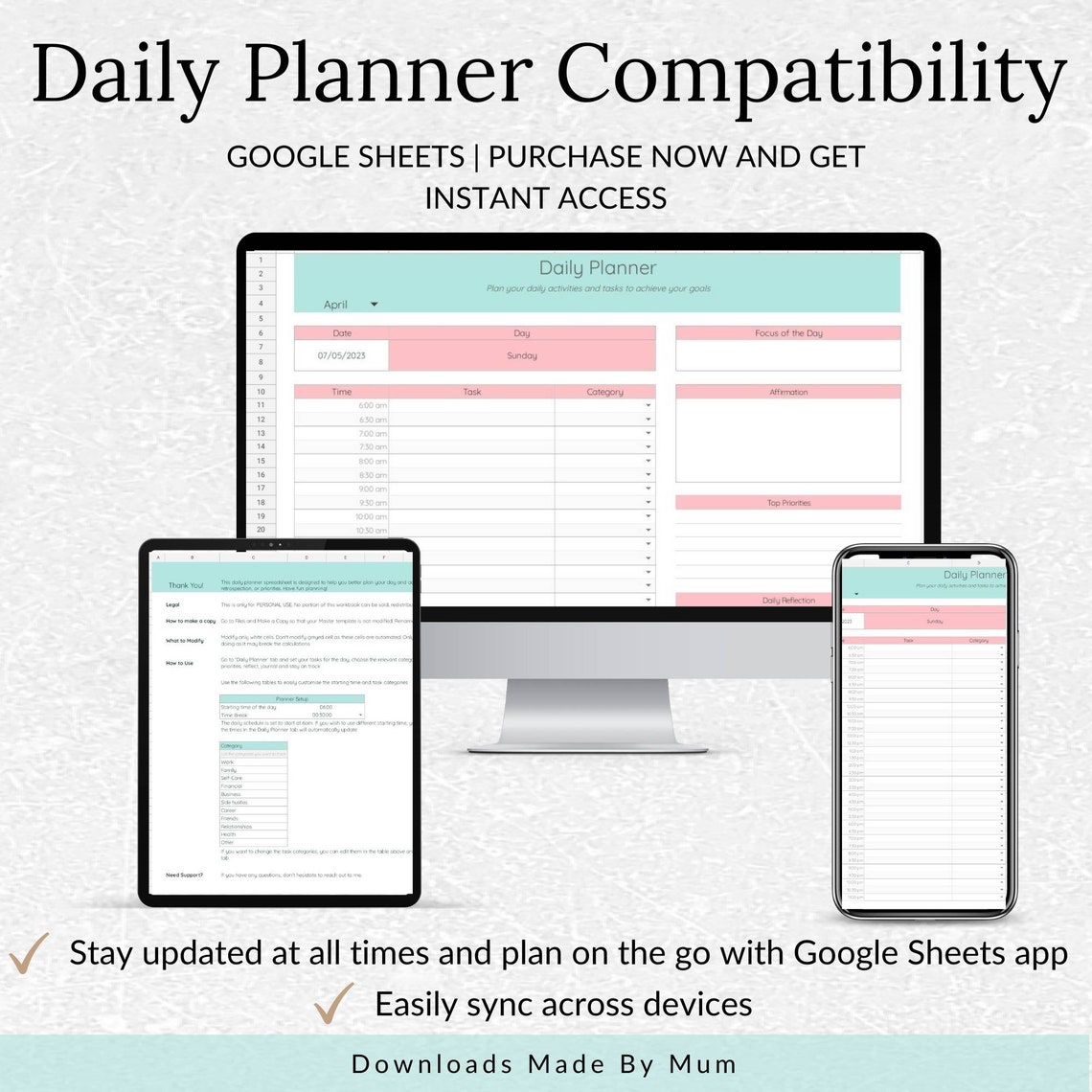 Spreadsheet Planner, Daily Task Tracker, Daily Hourly Planner, Google ...