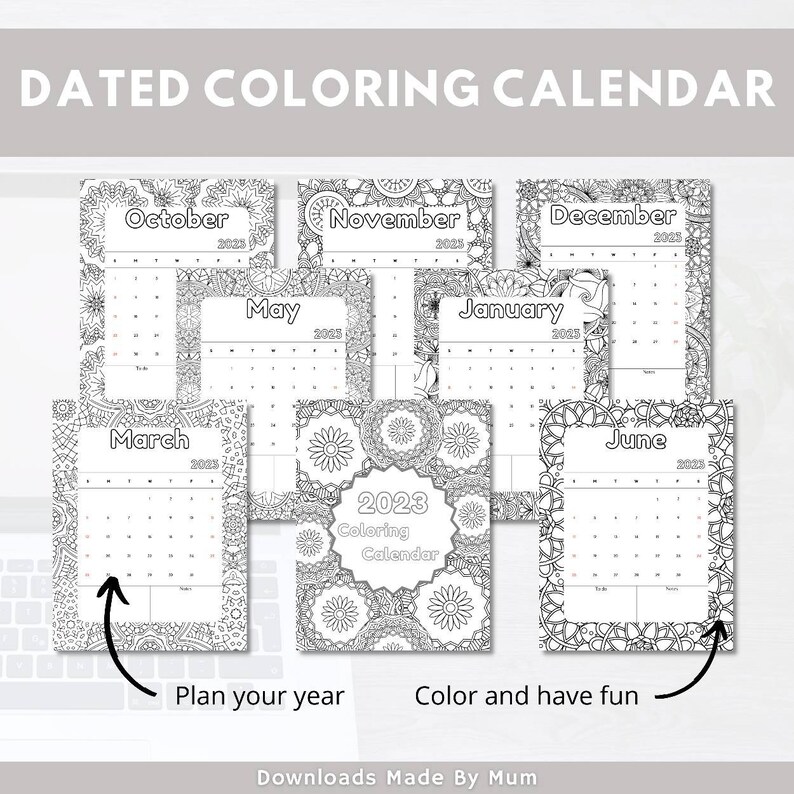 2023 Coloring Calendar, 12 Month Calendar, Mandala Calendar, Yearly ...