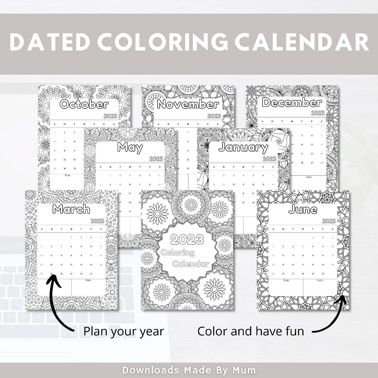 2023 Coloring Calendar, 12 Month Calendar, Mandala Calendar, Yearly ...
