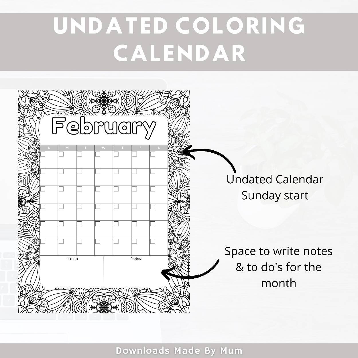 Coloring Calendar, 12 Month Calendar, Undated Monthly Calendar, Mandala ...