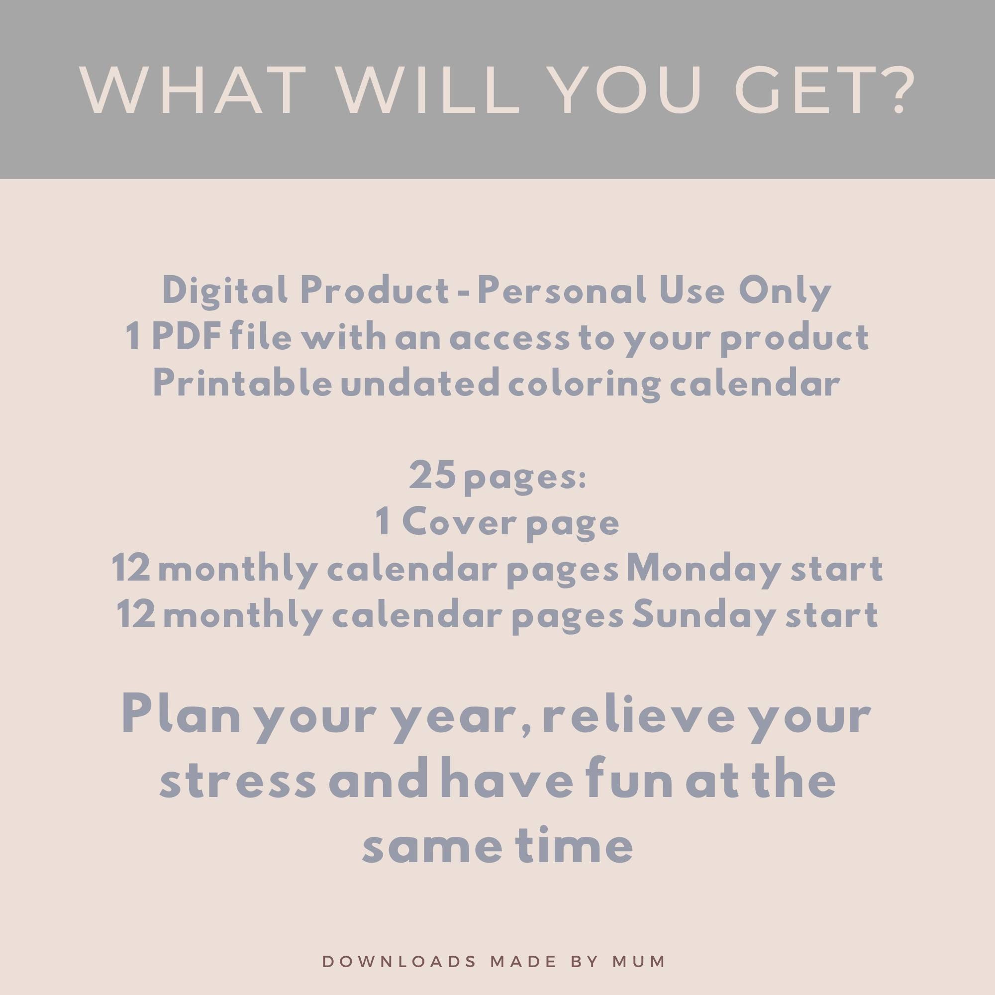 Coloring Calendar, 12 Month Calendar, Undated Monthly Calendar, Mandala ...