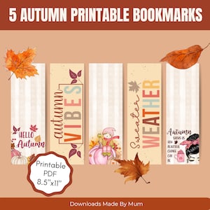 Printable Autumn Bookmarks, Fall Bookmarks, Set of 5 Bookmarks ...