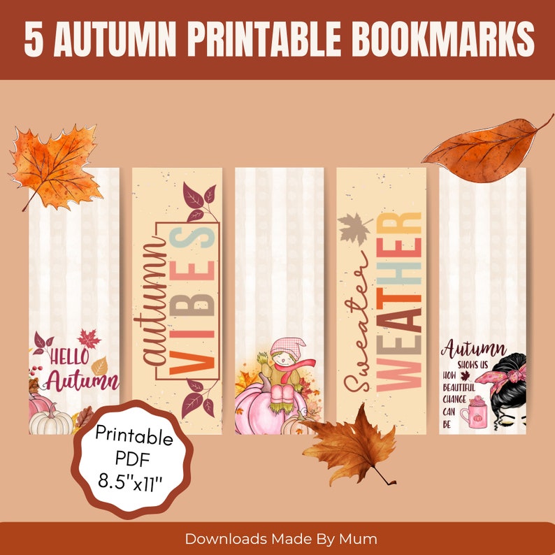 Printable Autumn Bookmarks, Fall Bookmarks, Set of 5 Bookmarks ...