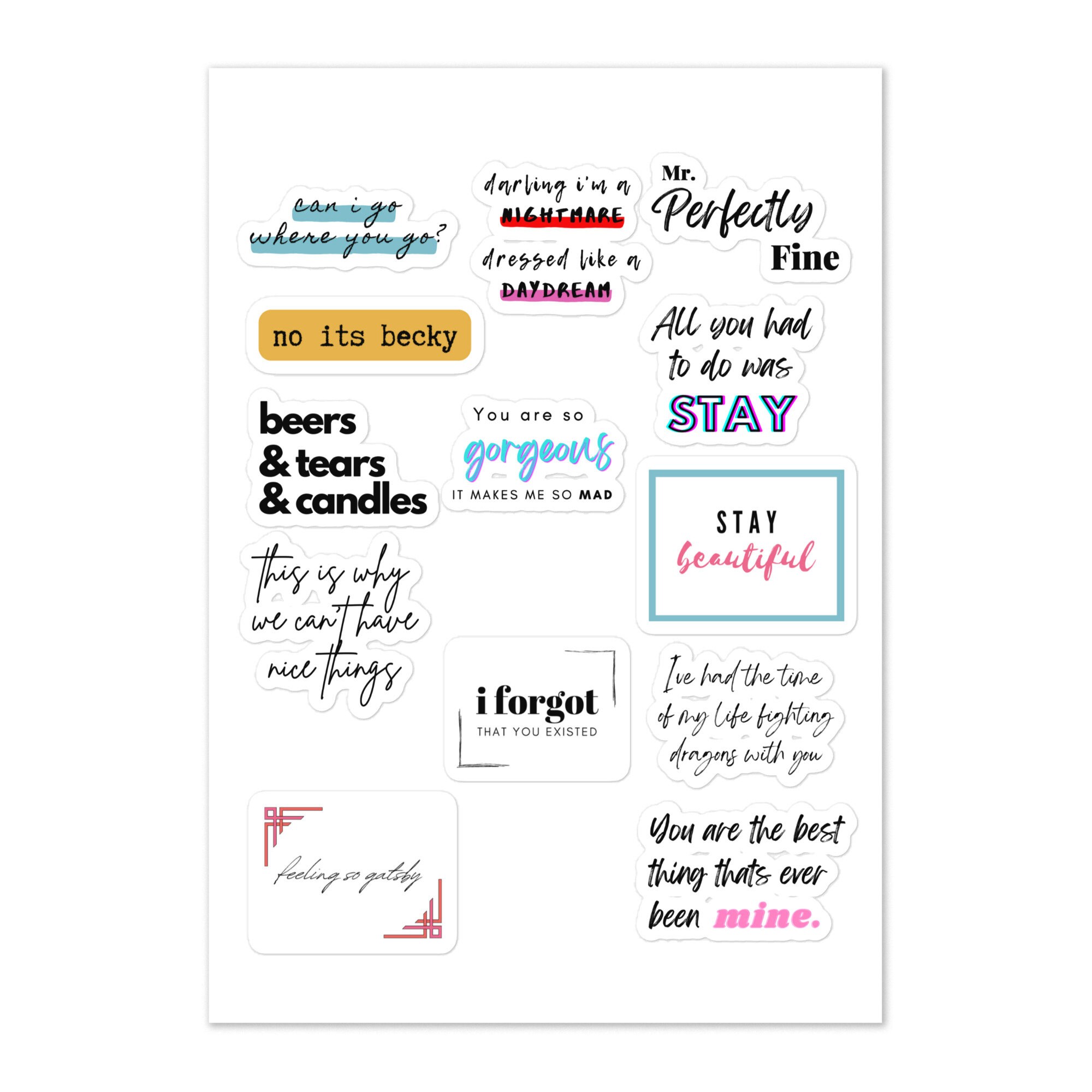 Taylor Swift Lyric Sticker Sheet - Etsy