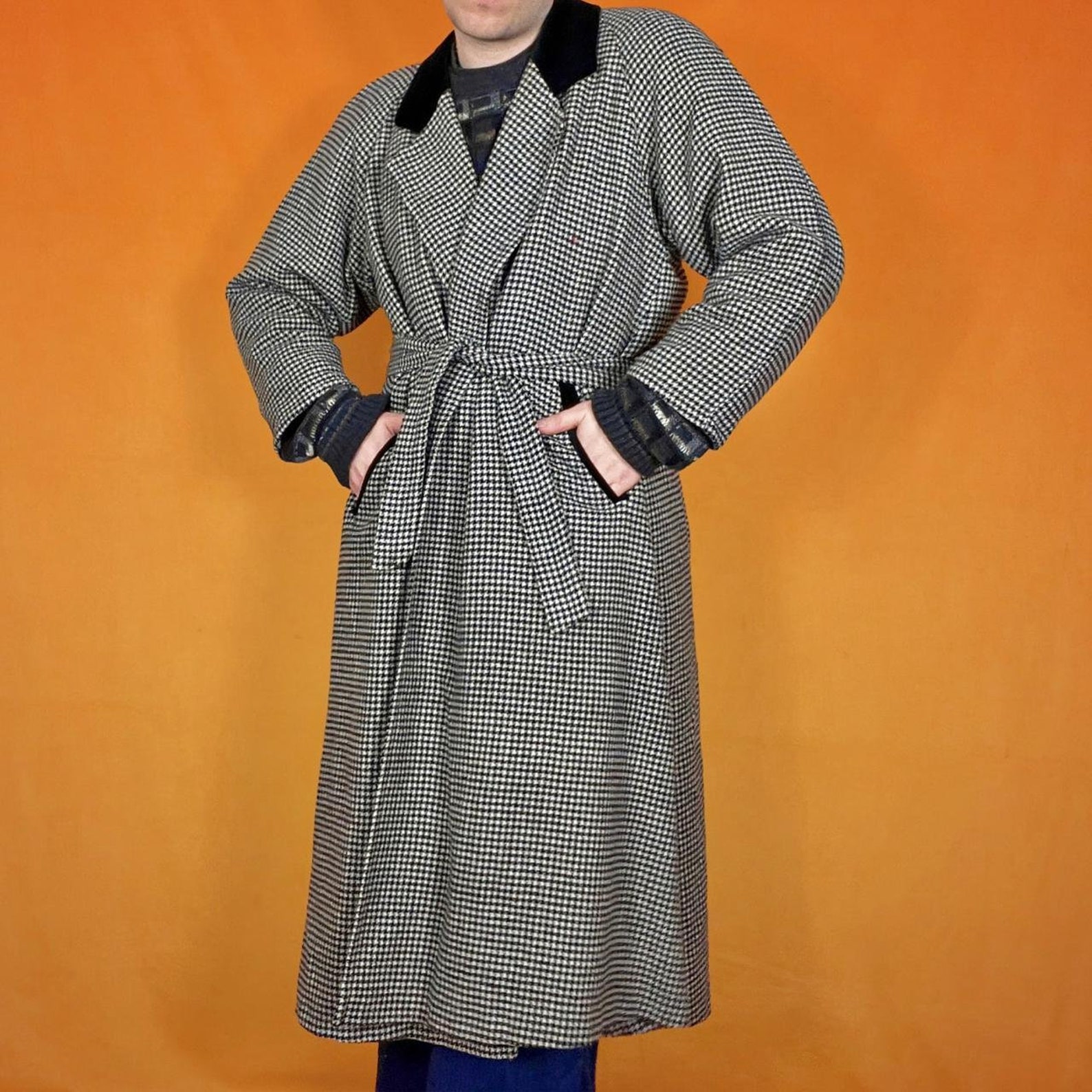 Vintage Long Wool Trench Coat Houndstooth Check Pattern Velvet Collared ...