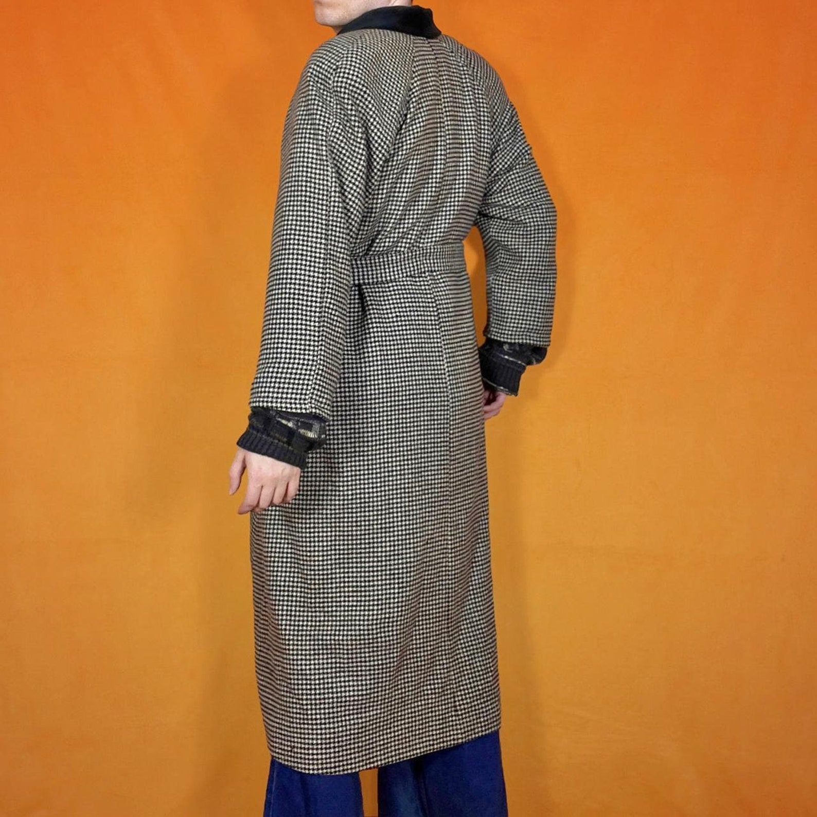 Vintage Long Wool Trench Coat Houndstooth Check Pattern Velvet Collared ...