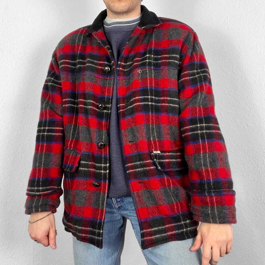 Vintage Tartan Check Barn Coat Blanket Chore Field Jacket Retro Knit ...