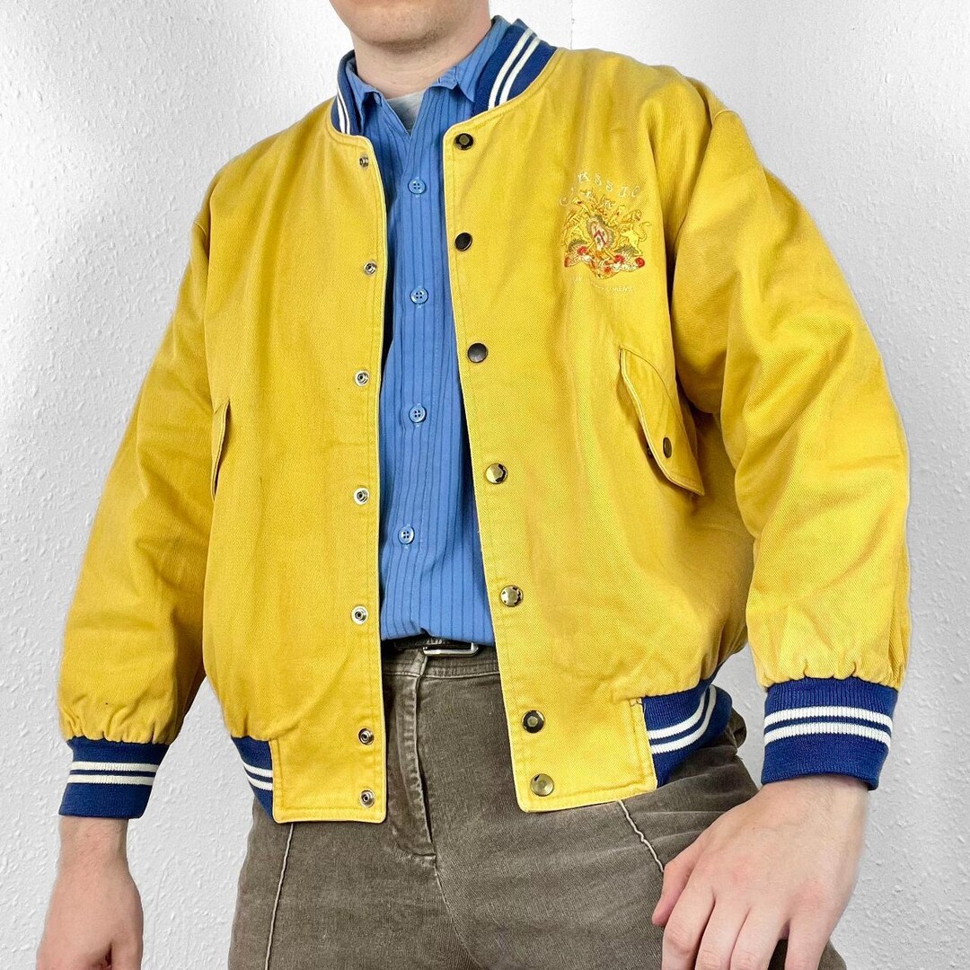 Vintage Varsity Denim Jean Bomber Jacket Embroidered Logo Graphic Print ...