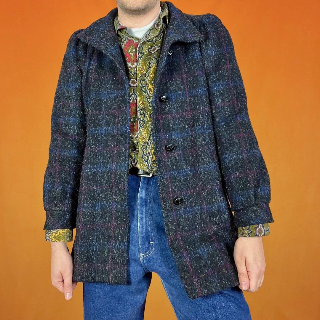 Vintage Mohair Knit Coat Funky Retro Check Tartan Plaid Pattern Wool ...