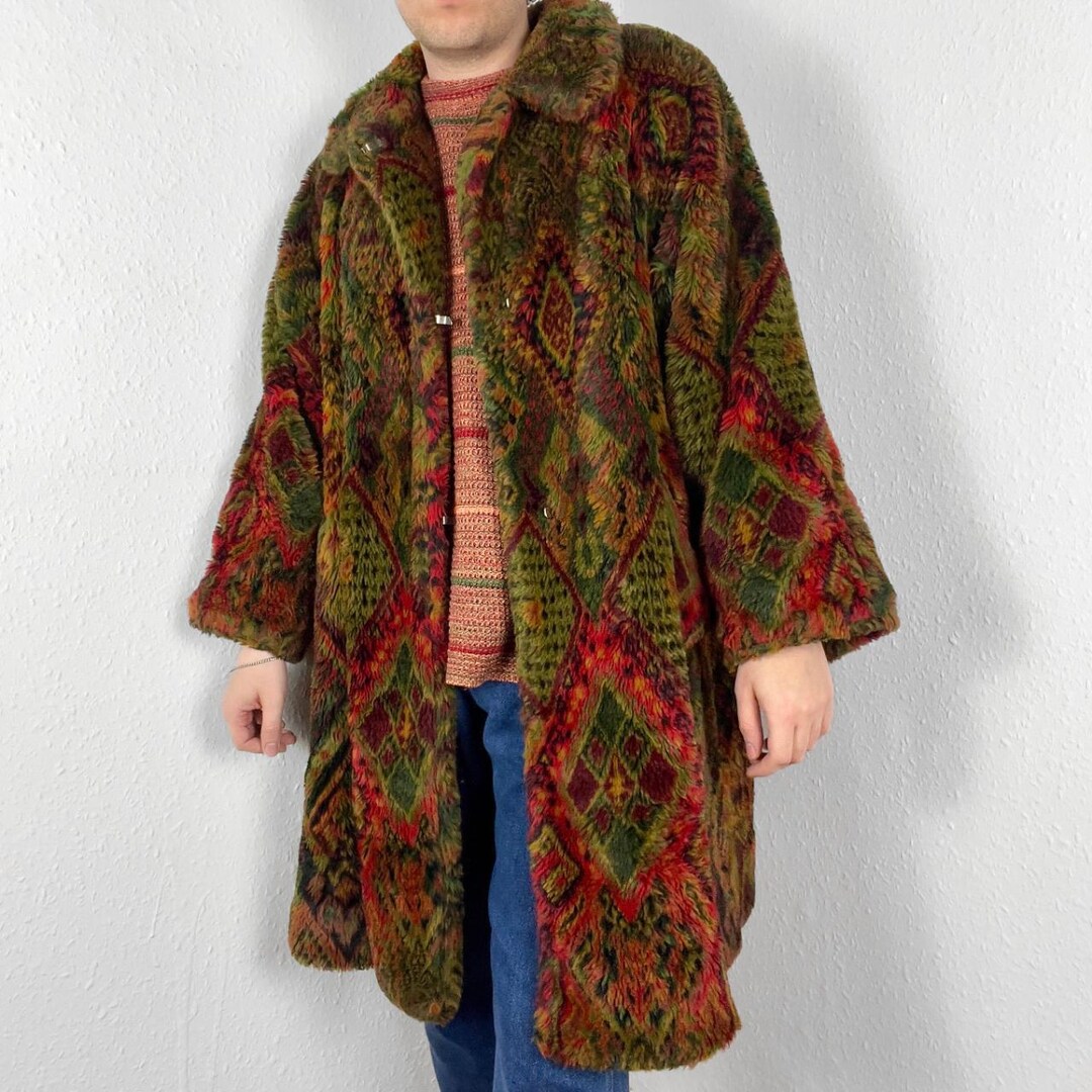 Vintage Long Faux Fur Funky Pattern Coat Overcoat Giorgio Kauten Retro ...