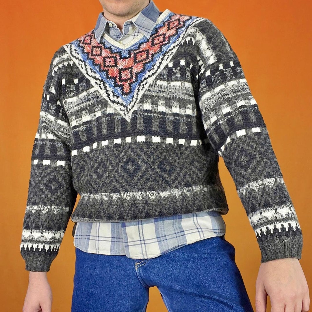 Vintage Funky Pattern Sweater Chunky Knit Retro Abstract Striped ...