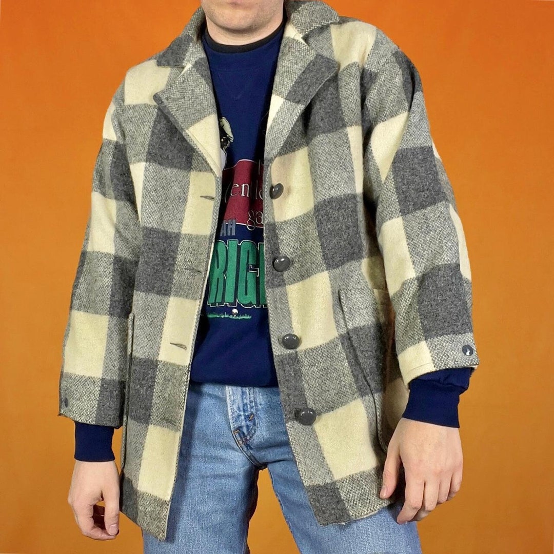 Vintage Woolrich Woman Plaid Check Coat Chunky Wool Knit Ranch Winter ...