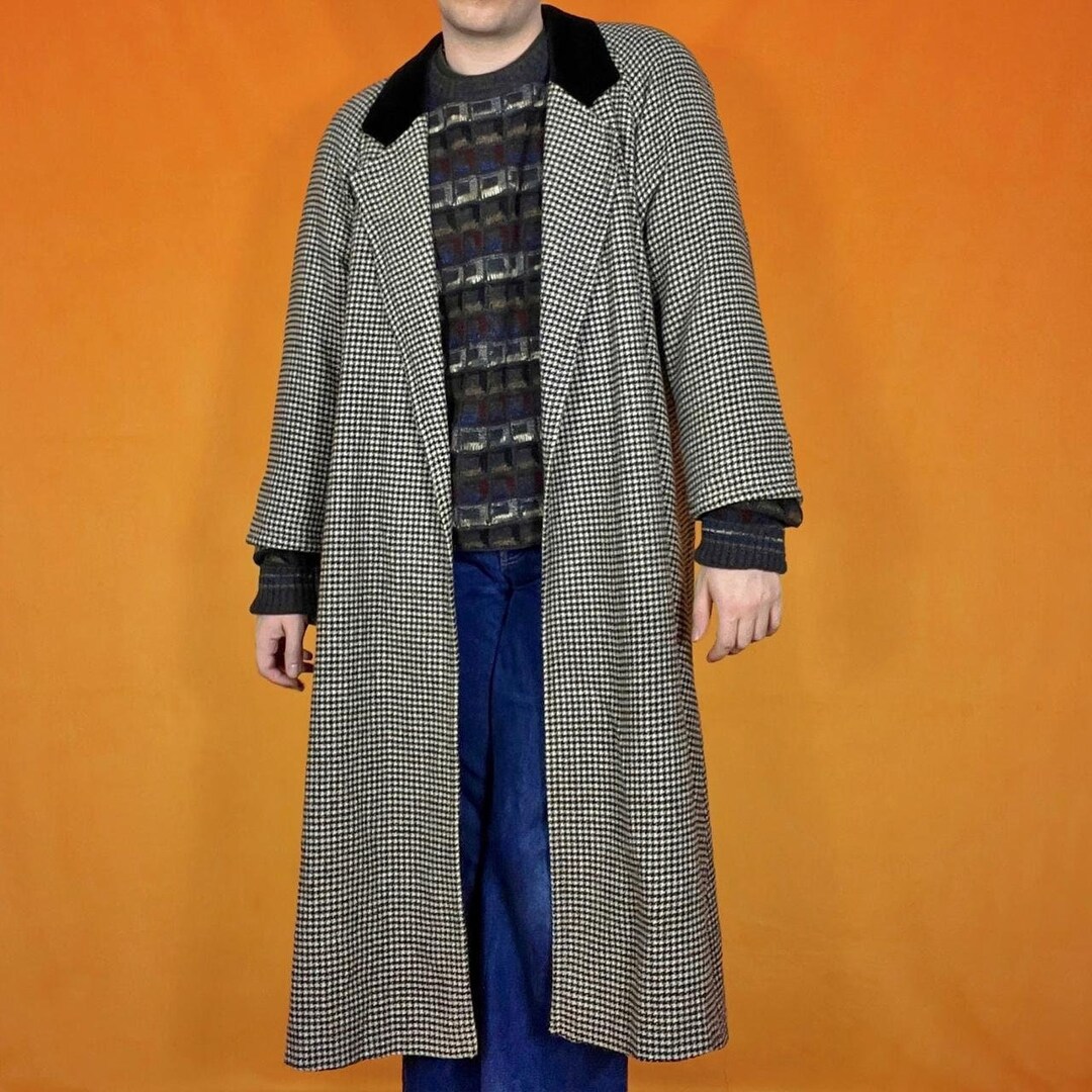 Vintage Long Wool Trench Coat Houndstooth Check Pattern Velvet Collared ...