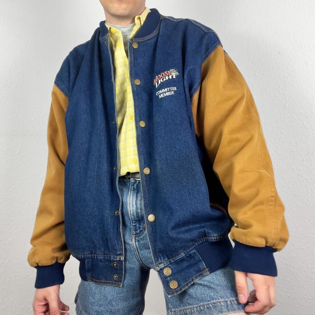 Vintage Denim Jean Varsity Baseball Bomber Jacket Moose Light ...