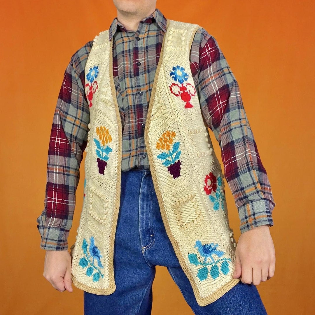 Vintage Cottagecore Crochet Sweater Vest Chunky Knit Floral Colourful ...