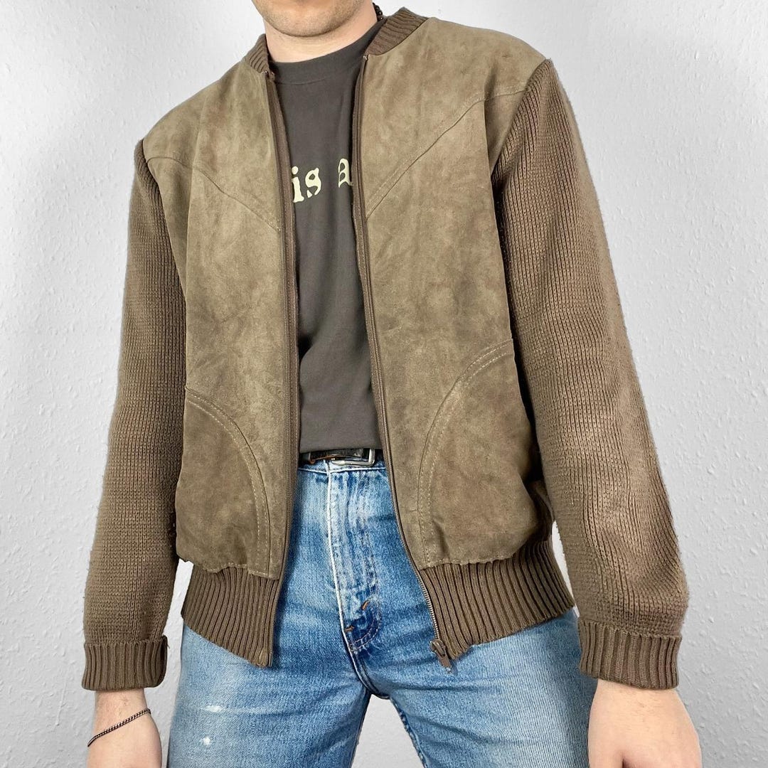 Vintage St Michael Suede Leather Cardigan Bomber Jacket Zip up Chunky ...