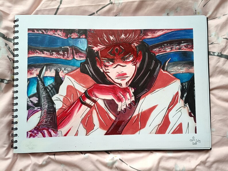Sukuna Drawing Print Anime Yuji Art, Jujutsu Kaisen Manga Illustration ...