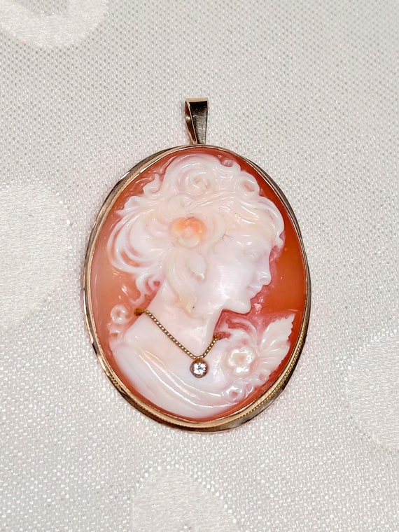 Rare 14k gold & diamond Italian shell cameo pendant b… - Gem