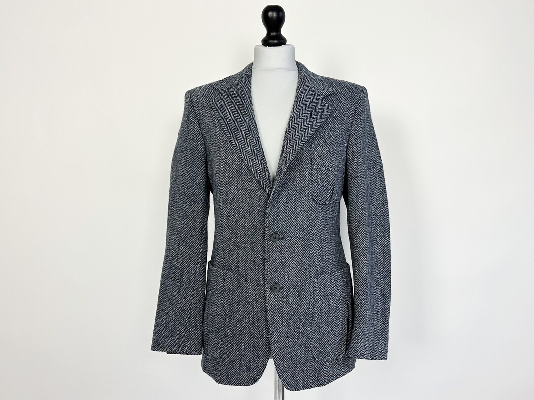 Vintage Tweed Blazer Blue Pure Wool Jacket Casual Office Jacket ...