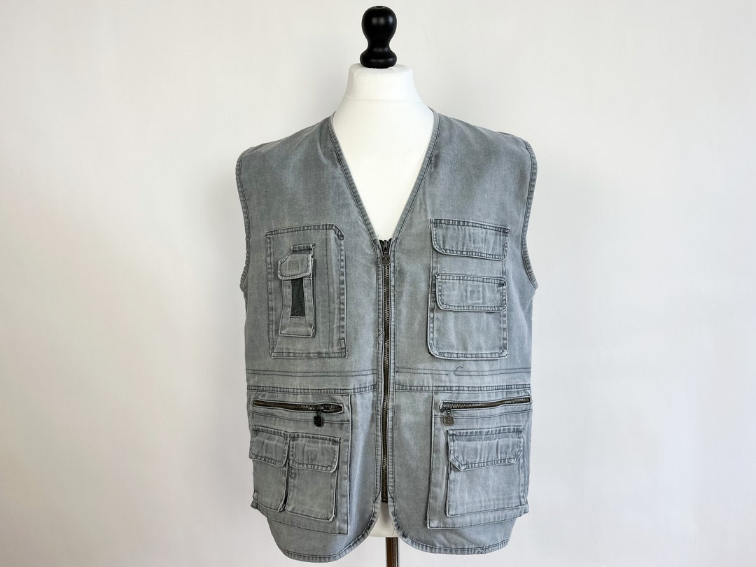 Grey Utility Vest Vintage Active Wear Multi Pocket Fisherman Waistcoat ...