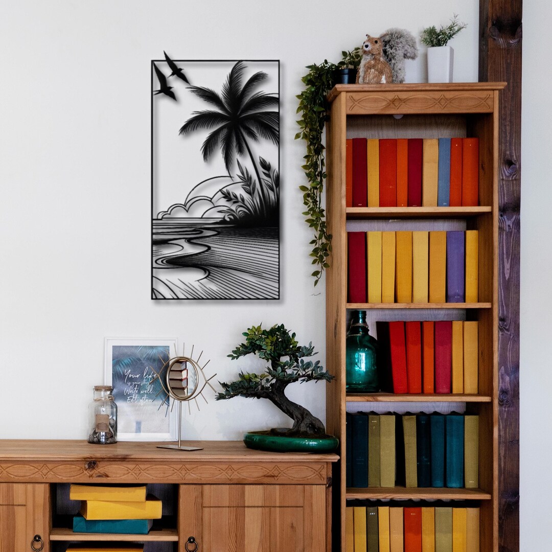 Beach Scene Metal Wall Art | Palm Trees, Ocean & Flying Seagulls ...