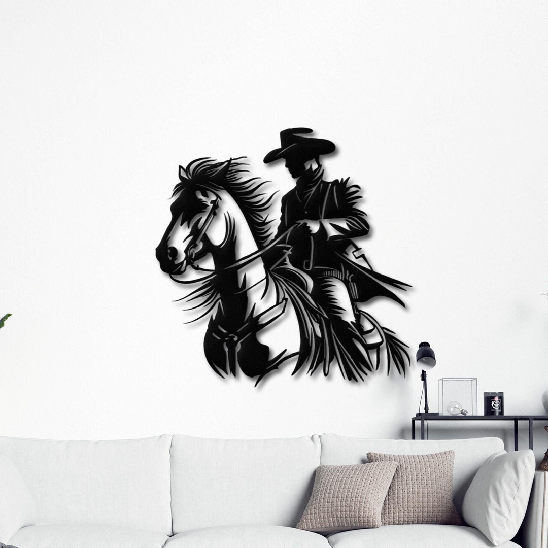 Cowboy Metal Wall Art, Rustic Western Home Decor, Cowboy Riding Horse ...