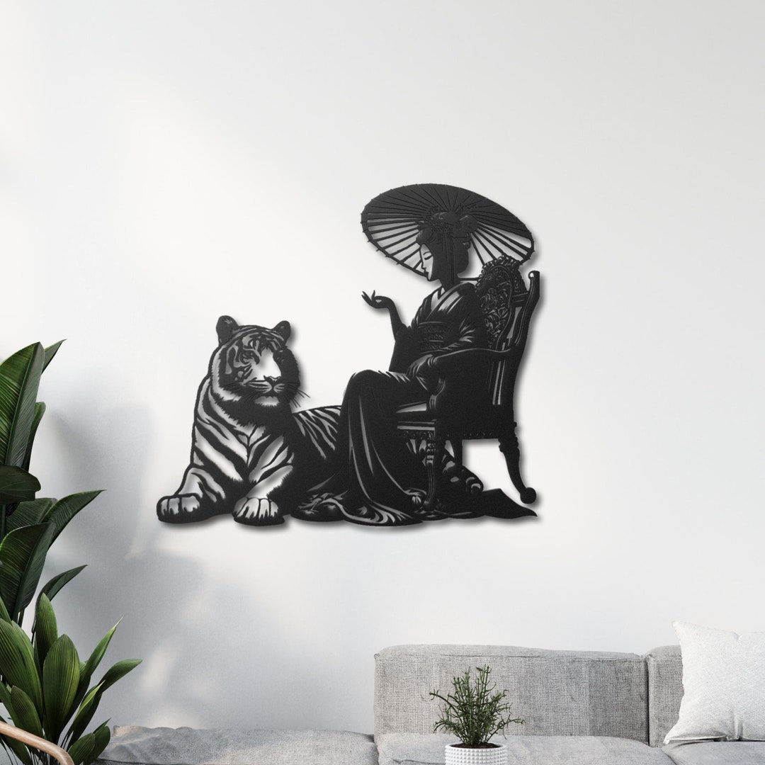 Geisha With Tiger Metal Wall Art, Geisha Wall Art, Geisha Tiger Wall ...