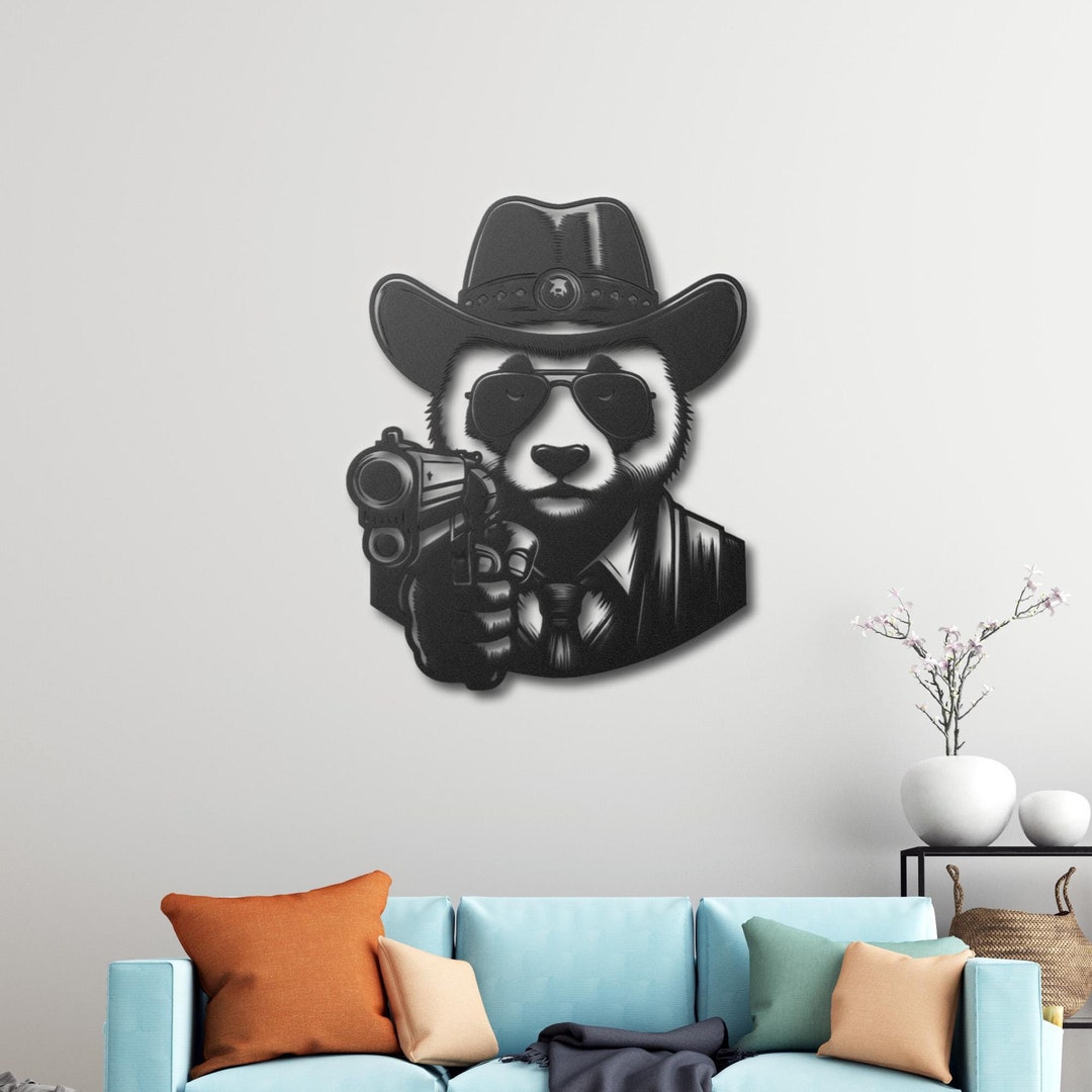 Cowboy Panda Metal Wall Art, Surreal Western Wall Art, Cowboy Panda ...
