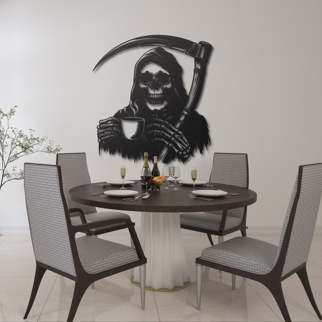 Skeleton Drinking Coffee Metal Wall Art, Gothic Coffee Bar Decor ...