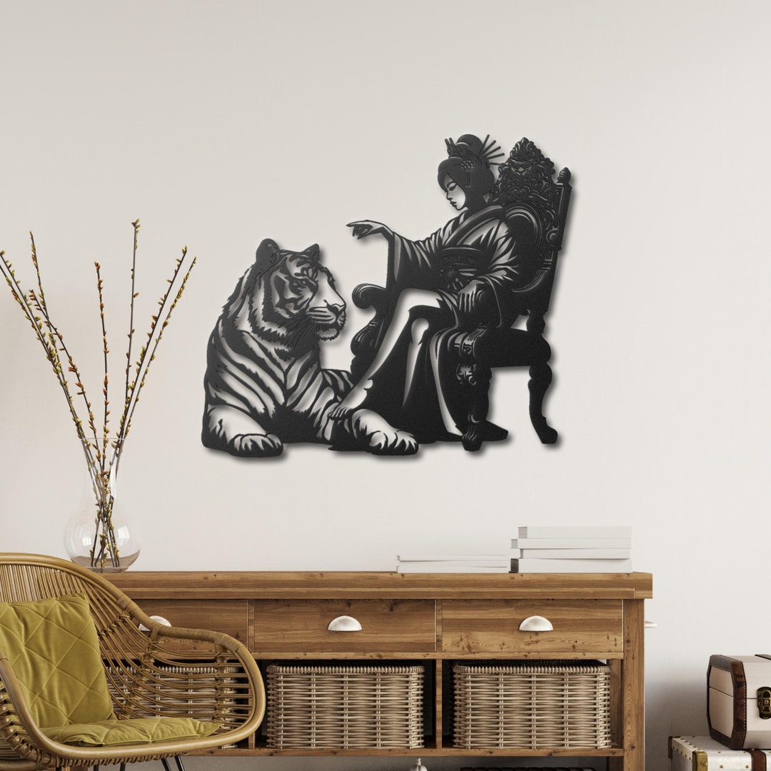 Japanese Woman With Tiger Metal Wall Art, Geisha Wall Art, Geisha Tiger ...