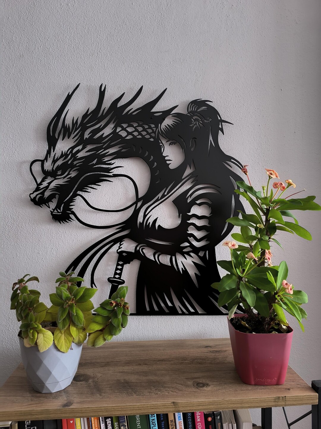 Japanese Woman With Dragon Wall Art, Japanese Warrior Metal Wall Decor ...