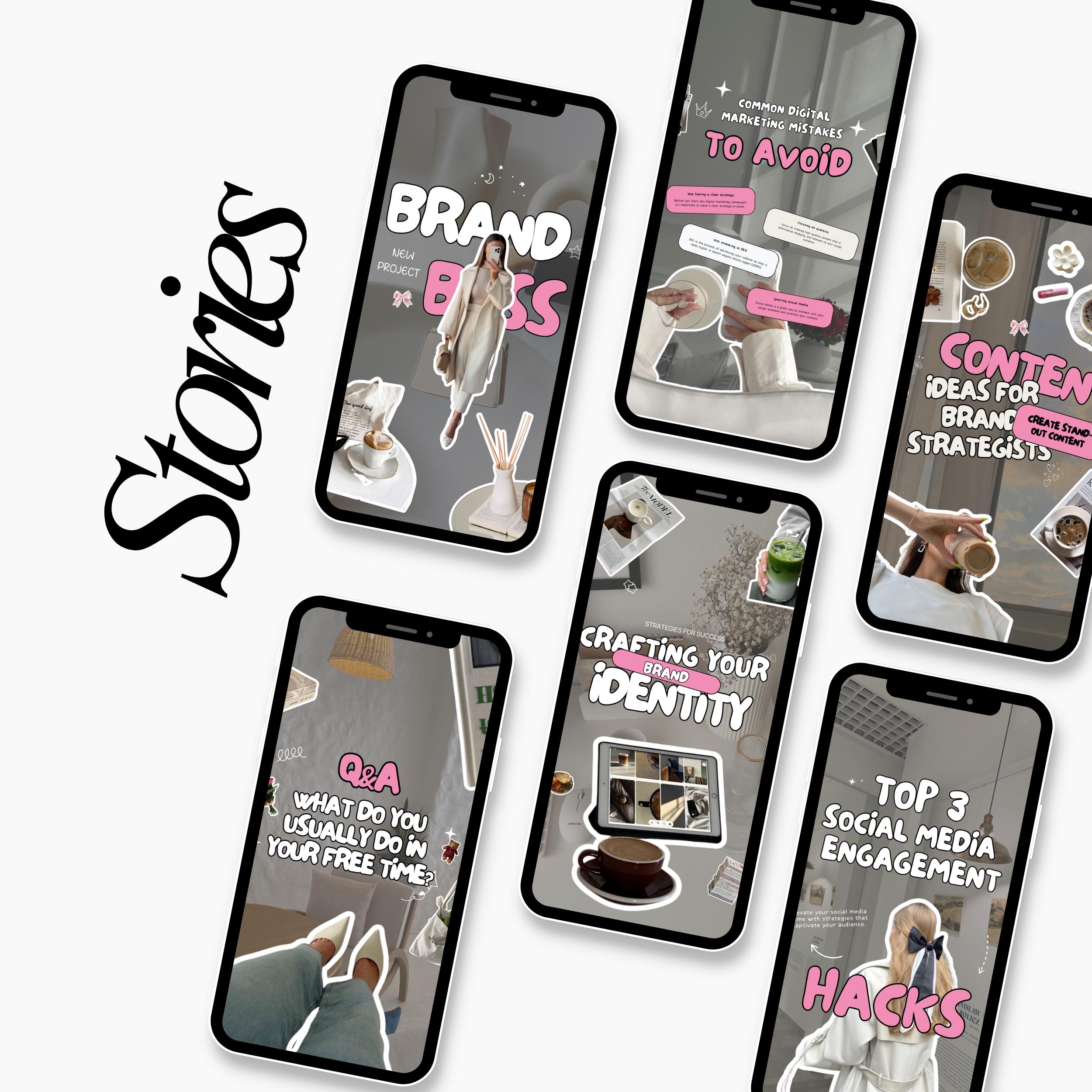 Instagram Templates Aesthetic Pink Outline Posts and Stories Templates ...