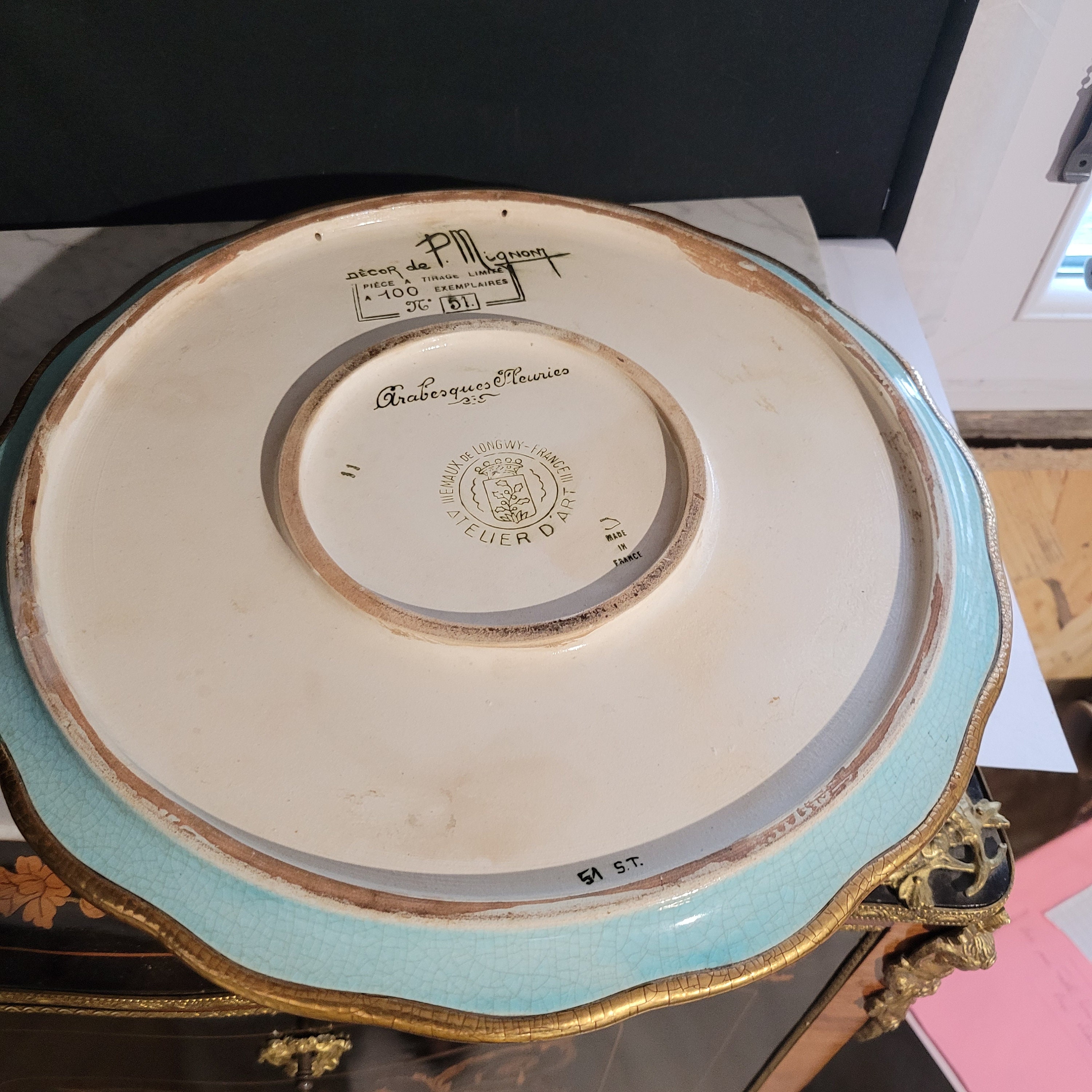 Antique Very Large Dish 34.5cm Enamels of Longwy Decor P Mignon Limited ...