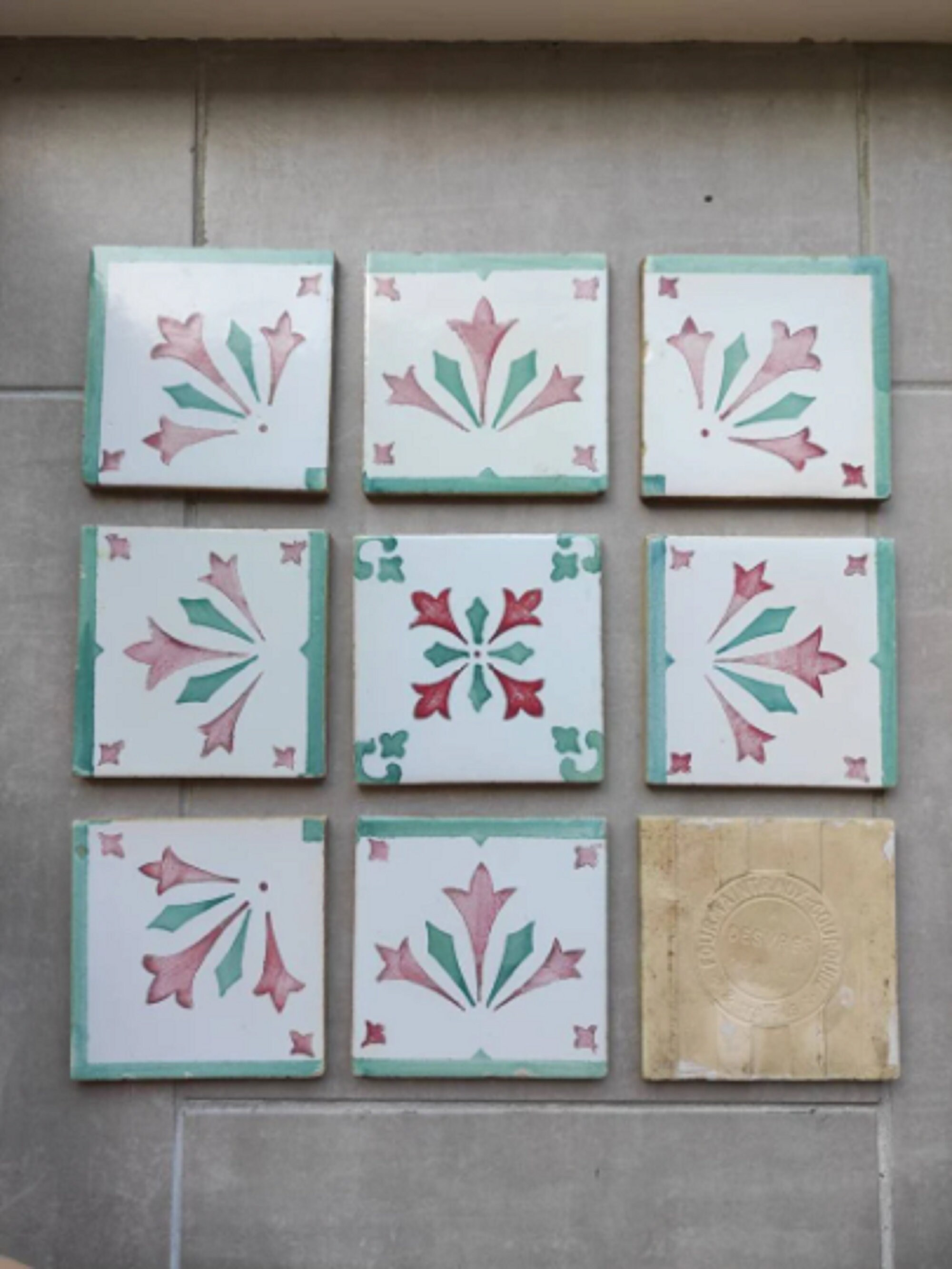 Set of 9 Tiles, French Tiles, Napoleon III, Victorian Tiles, Rare French Tiles of Desvres ...