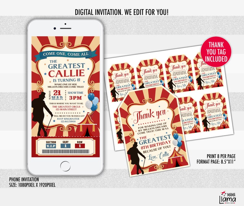 Circus Invitation, Girl or Boy Invitation, the Greatest Showman, Thank ...