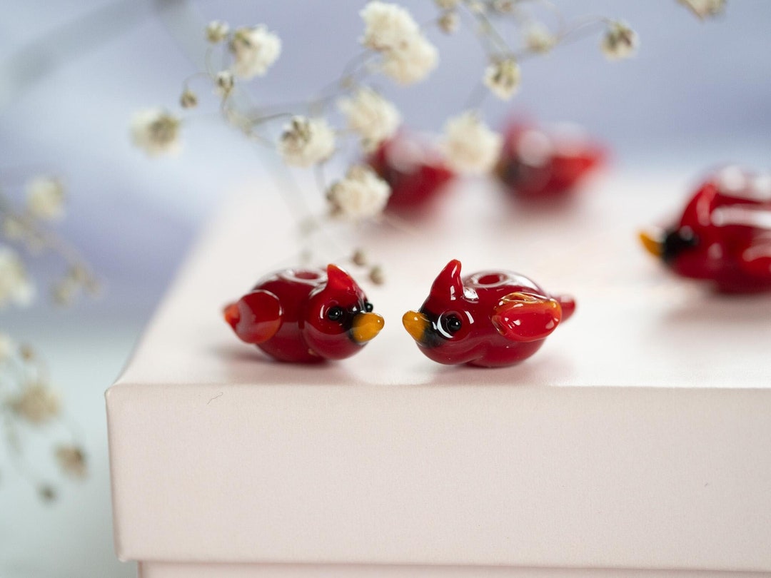 1 (one) Red Cardinal Bird Lampwork Beads, Tiny Cute Beads, Handmade ...