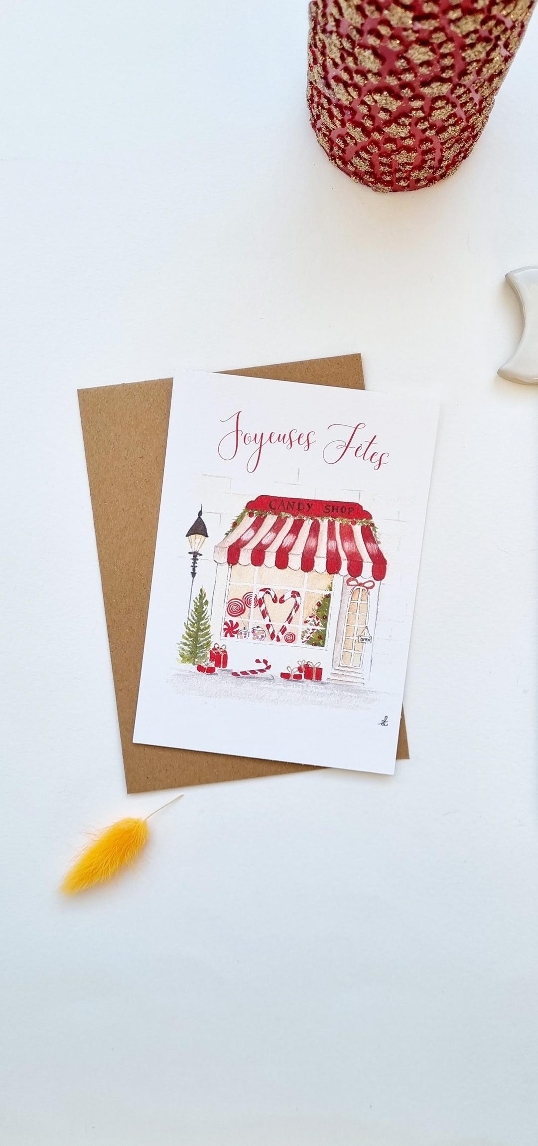Watercolor Postcard Illustration Candy Shop Christmas Wishes Happy New ...
