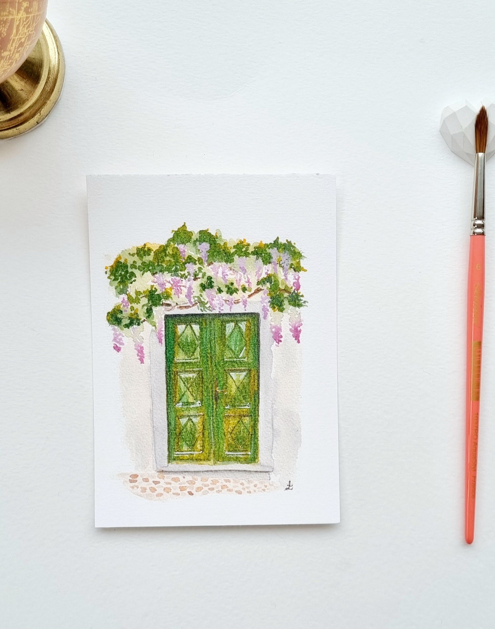Postcard Watercolor Illustration Green Door Tuscany Italy Wisteria ...