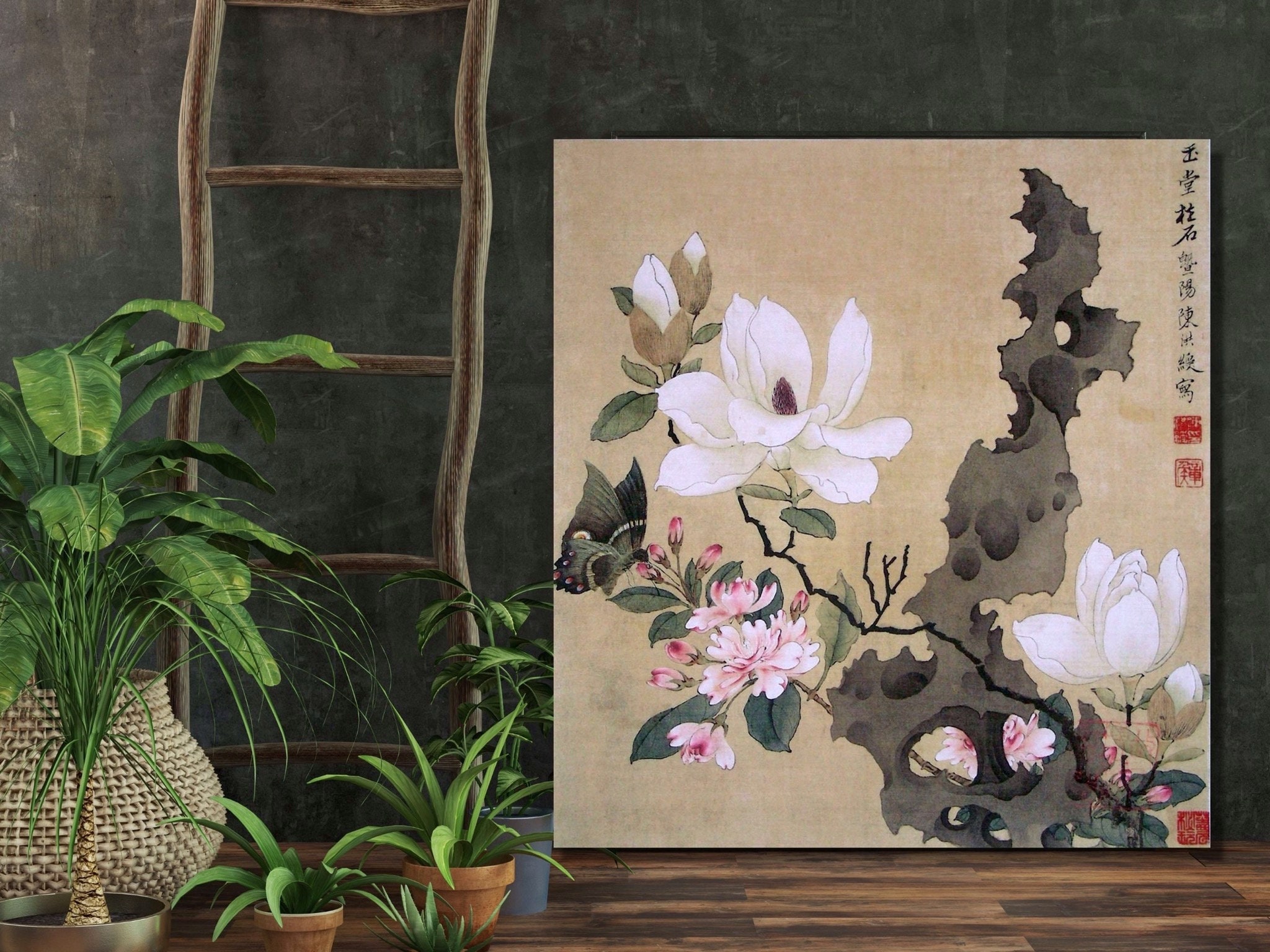 Magnolia Art Print, Digital Download Square Format, White Pink Flowers ...