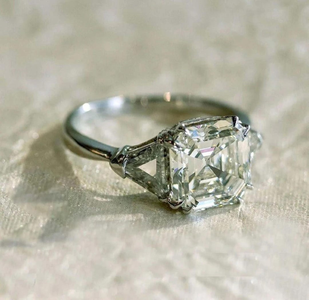 Asscher and Triangle Cut Moissanite Diamond Ring, Past Present Future ...