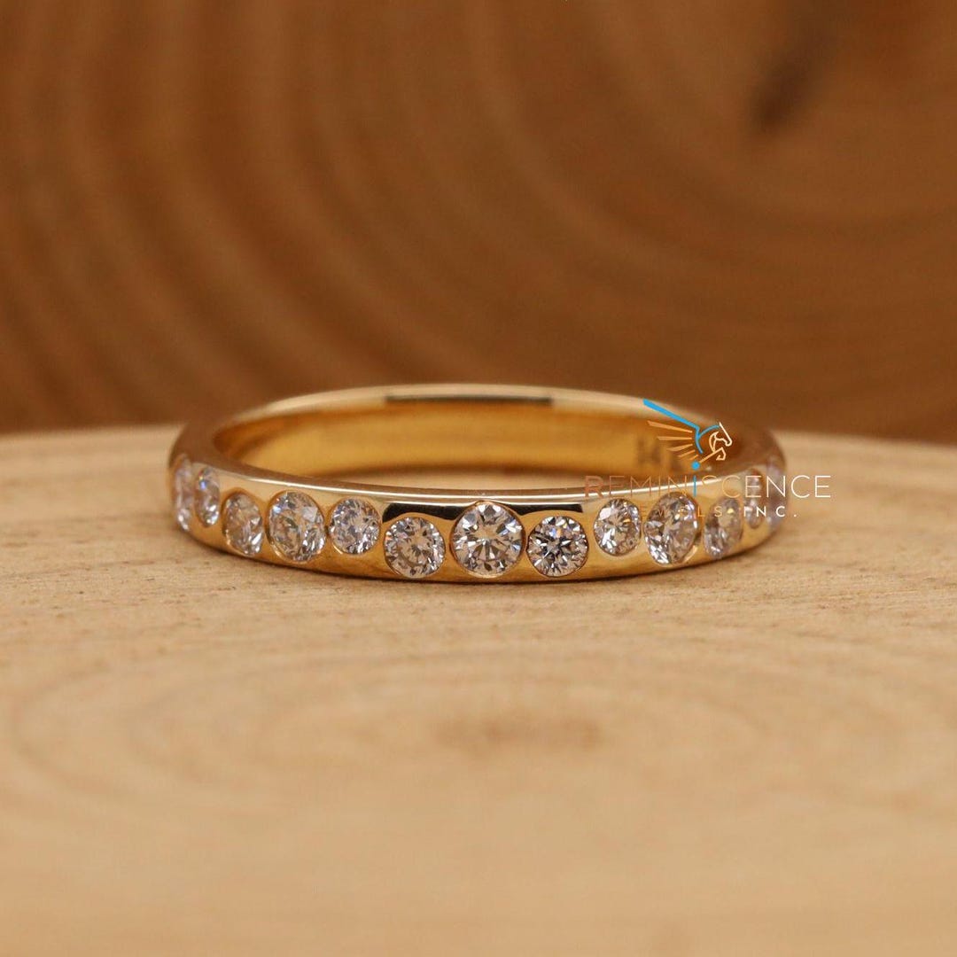 Flush Setting Half Eternity Band, Round Moissanite Diamond Wedding Band ...