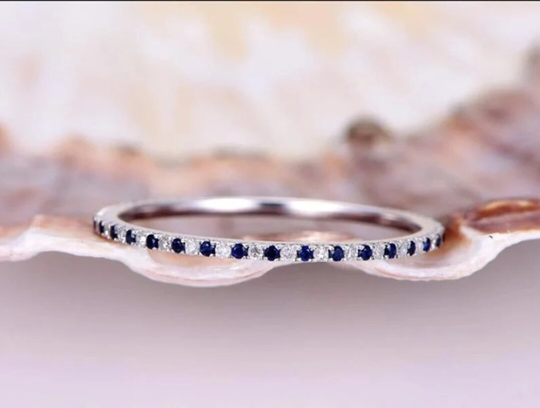 Blue Round Cut CZ Stone Band, Full Eternity Wedding Band, Gemstone ...
