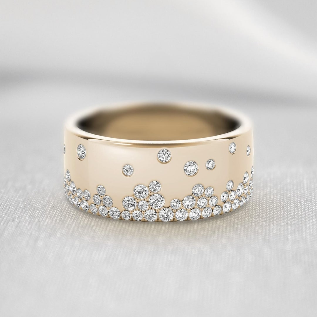 Round Moissanite Diamond Flush Set Band, 14K Yellow Gold Wedding Band ...