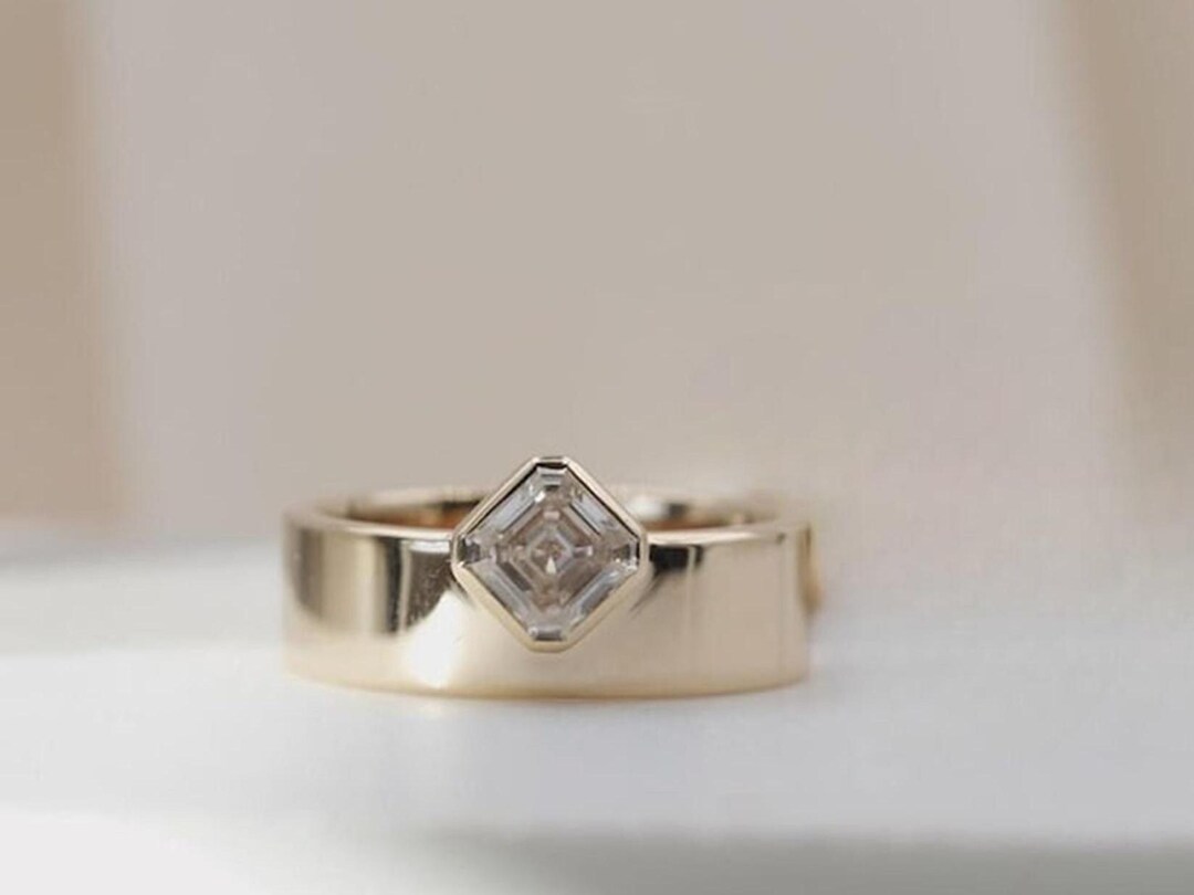 Kite Set Asscher Cut Moissanite Diamond Solitaire Ring, Wide Band Ring ...