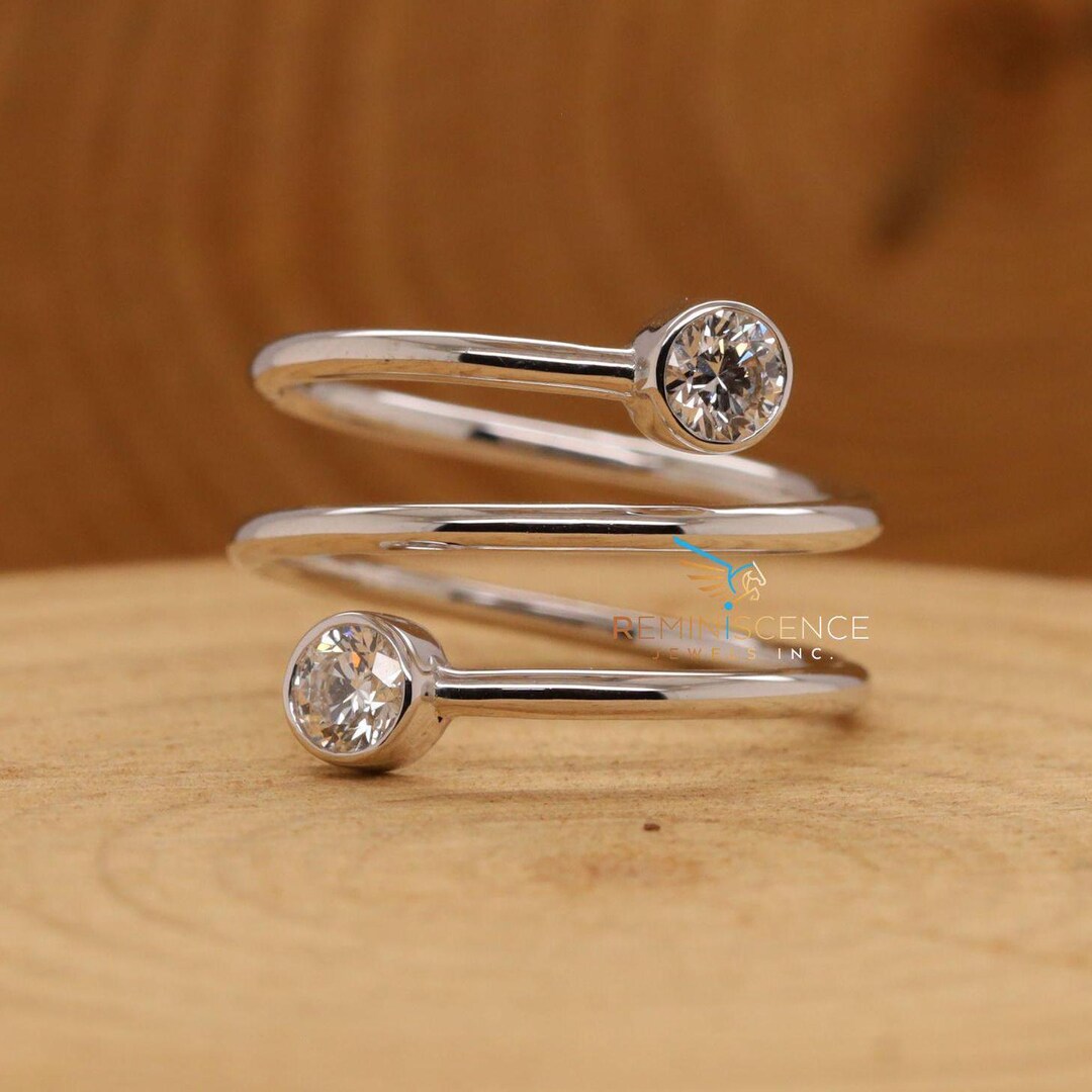 Bezel Set Two Stone Spiral Ring, You and Me Ring, Round Moissanite ...