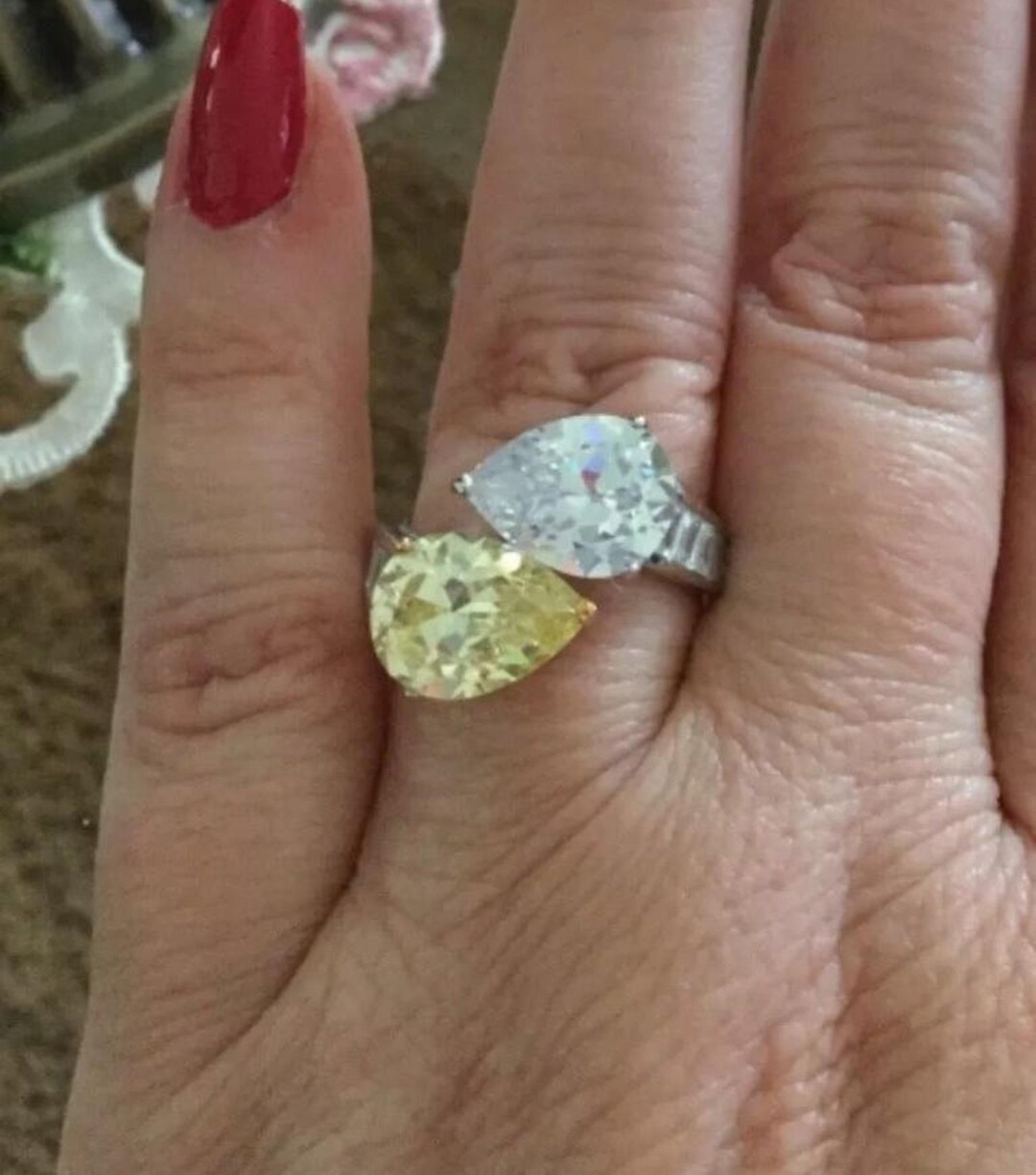 Bypass Shank Ring, Channel Setting Ring, Two Stone Ring, Pear Cut CZ ...