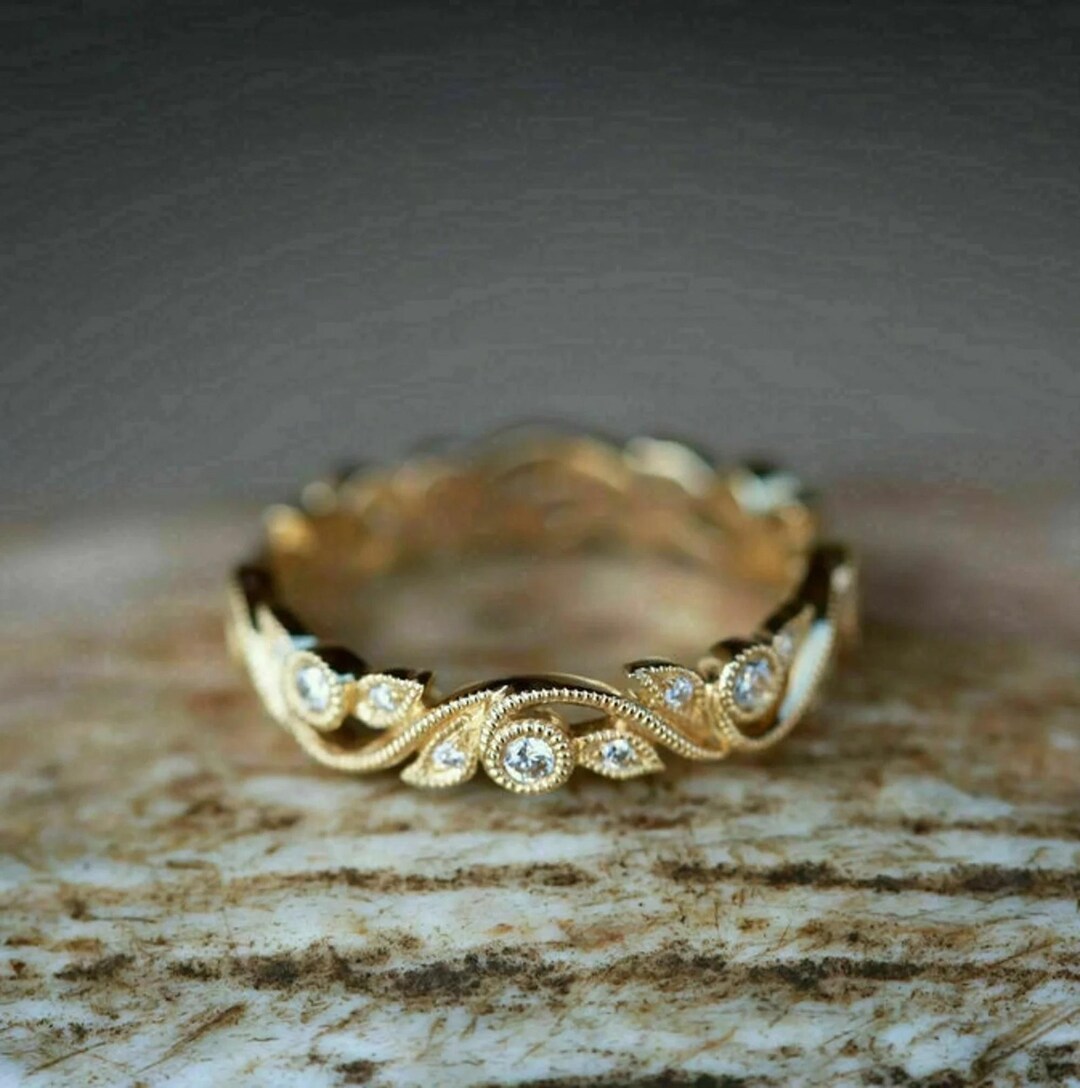 Floral Leaf Motif Band, Dainty Round Moissanite Diamond Art Deco Band ...