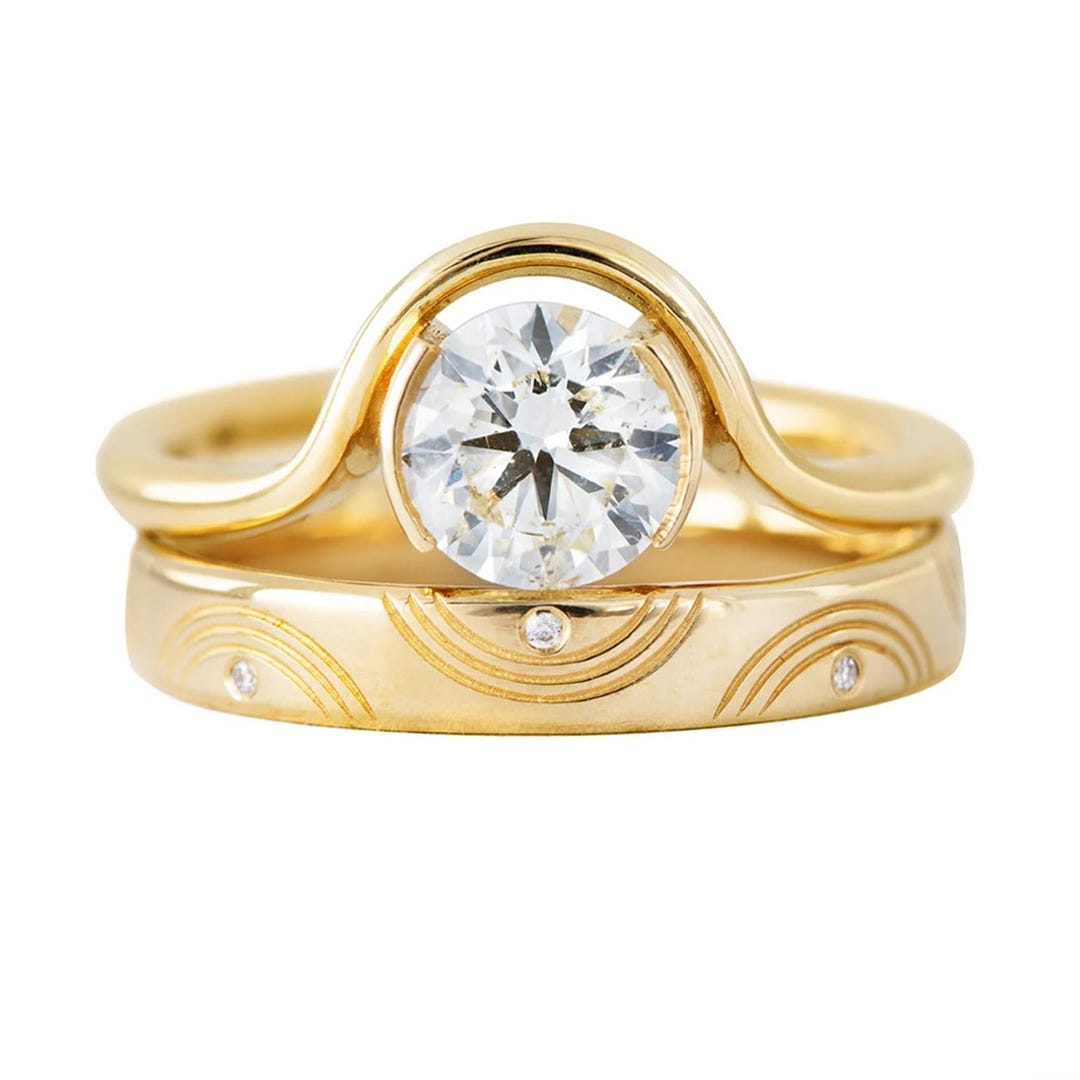 Curved Shank Solitaire Ring With Flush Set Band, Round Moissanite ...