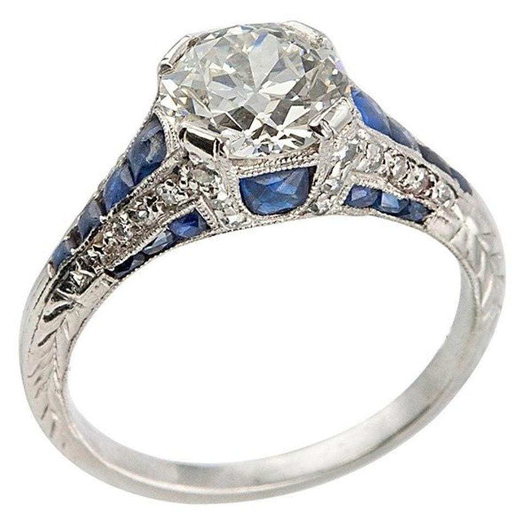 Edwardian Style Blue Sapphire & White CZ Stone Ring, Old European Cut ...