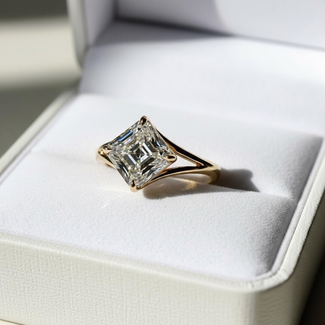 Kite Set Asscher Cut Moissanite Diamond Solitaire Ring, Split Shank ...